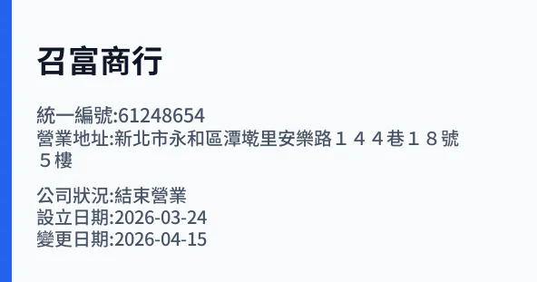 召富商行的照片-統編 61248654(新北市) 公司登記資料與營業項目詳細圖表