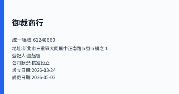 御裁商行的照片-統編 61248660(新北市) 公司登記資料與營業項目詳細圖表