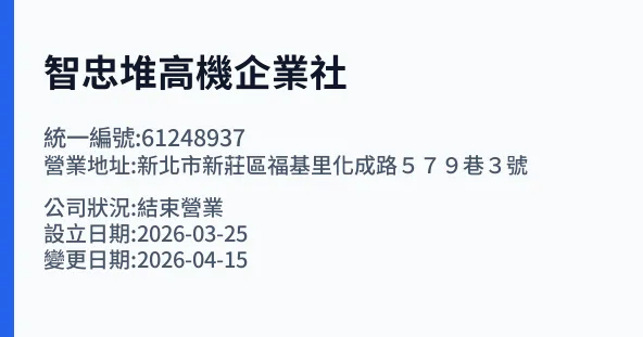 智忠堆高機企業社的照片-統編 61248937(新北市) 公司登記資料與營業項目詳細圖表