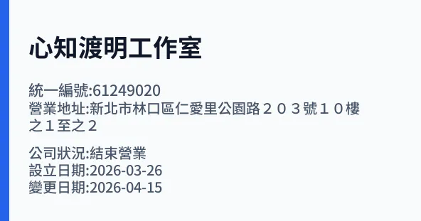心知渡明工作室的照片-統編 61249020(新北市) 公司登記資料與營業項目詳細圖表