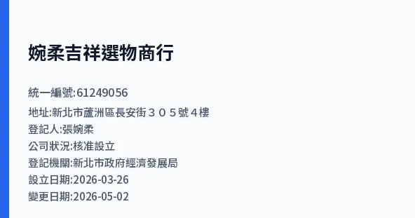 婉柔吉祥選物商行的照片-統編 61249056(新北市) 公司登記資料與營業項目詳細圖表