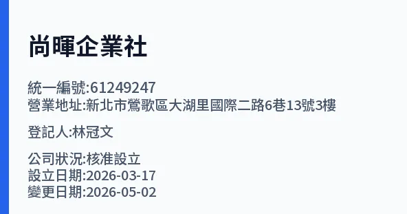 尚暉企業社的照片-統編 61249247(新北市) 公司登記資料與營業項目詳細圖表