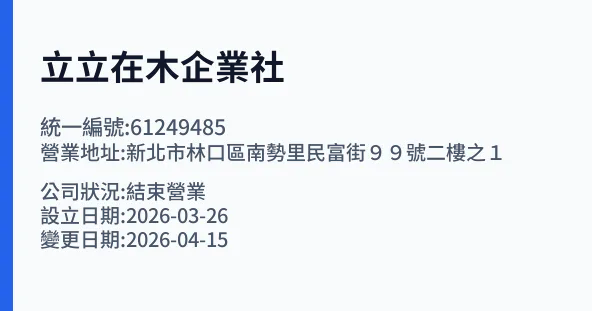 立立在木企業社的照片-統編 61249485(新北市) 公司登記資料與營業項目詳細圖表