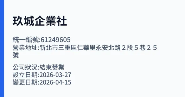 玖城企業社的照片-統編 61249605(新北市) 公司登記資料與營業項目詳細圖表