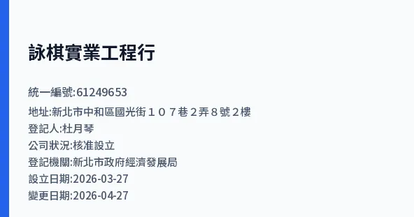 詠棋實業工程行的照片-統編 61249653(新北市) 公司登記資料與營業項目詳細圖表