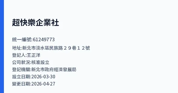 超快樂企業社的照片-統編 61249773(新北市) 公司登記資料與營業項目詳細圖表