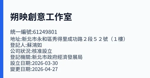 朔映創意工作室的照片-統編 61249801(新北市) 公司登記資料與營業項目詳細圖表