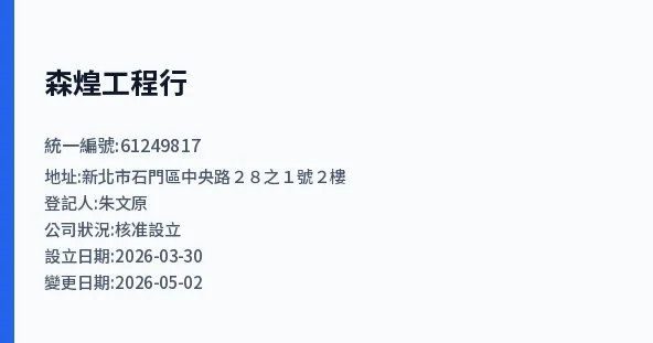 森煌工程行的照片-統編 61249817(新北市) 公司登記資料與營業項目詳細圖表