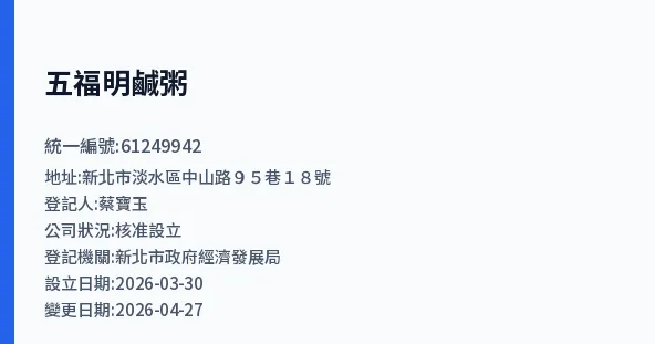 五福明鹹粥的照片-統編 61249942(新北市) 公司登記資料與營業項目詳細圖表