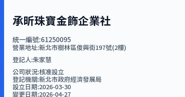 承昕珠寶金飾企業社的照片-統編 61250095(新北市) 公司登記資料與營業項目詳細圖表
