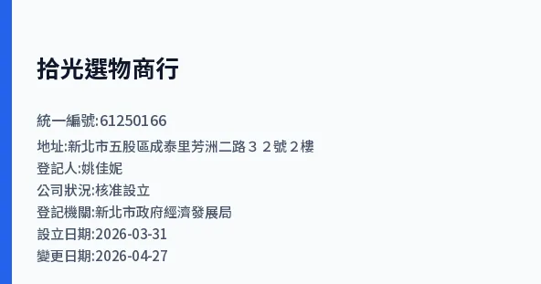 拾光選物商行的照片-統編 61250166(新北市) 公司登記資料與營業項目詳細圖表