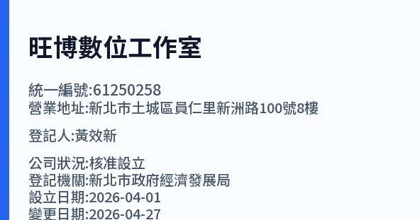 旺博數位工作室的照片-統編 61250258(新北市) 公司登記資料與營業項目詳細圖表