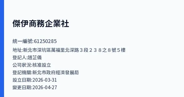 傑伊商務企業社的照片-統編 61250285(新北市) 公司登記資料與營業項目詳細圖表