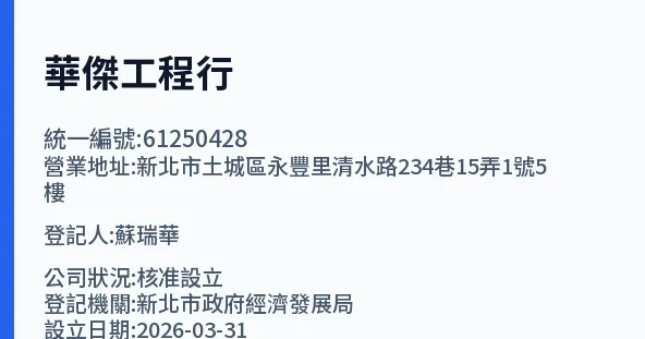 華傑工程行的照片-統編 61250428(新北市) 公司登記資料與營業項目詳細圖表