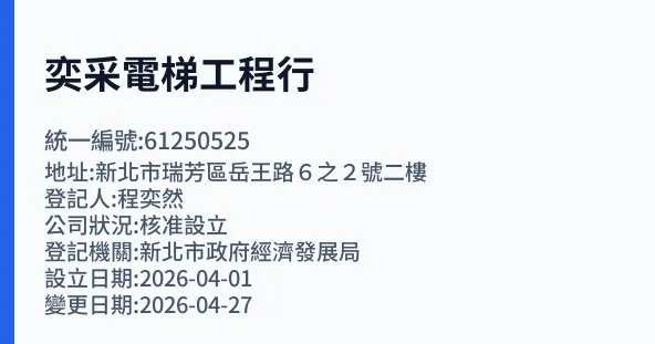 奕采電梯工程行的照片-統編 61250525(新北市) 公司登記資料與營業項目詳細圖表