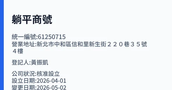 躺平商號的照片-統編 61250715(新北市) 公司登記資料與營業項目詳細圖表