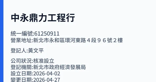 中永鼎力工程行的照片-統編 61250911(新北市) 公司登記資料與營業項目詳細圖表