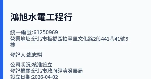 鴻旭水電工程行的照片-統編 61250969(新北市) 公司登記資料與營業項目詳細圖表