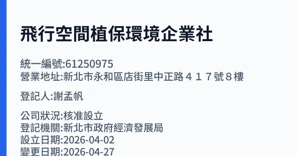 飛行空間植保環境企業社的照片-統編 61250975(新北市) 公司登記資料與營業項目詳細圖表