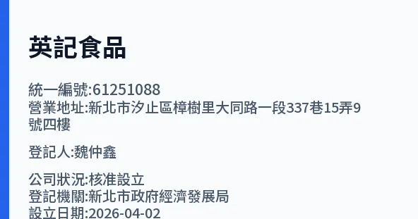 英記食品的照片-統編 61251088(新北市) 公司登記資料與營業項目詳細圖表