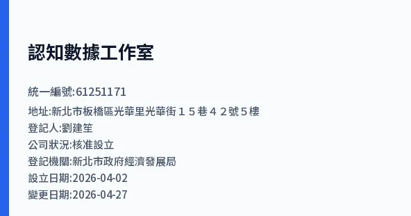 認知數據工作室的照片-統編 61251171(新北市) 公司登記資料與營業項目詳細圖表