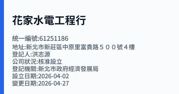 花家水電工程行的照片-統編 61251186(新北市) 公司登記資料與營業項目詳細圖表
