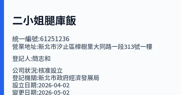 二小姐腿庫飯的照片-統編 61251236(新北市) 公司登記資料與營業項目詳細圖表