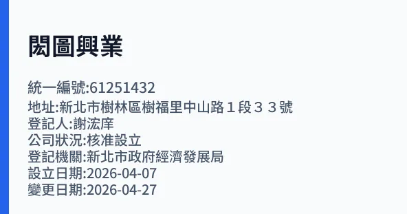 閎圖興業的照片-統編 61251432(新北市) 公司登記資料與營業項目詳細圖表