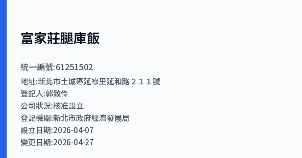 富家莊腿庫飯的照片-統編 61251502(新北市) 公司登記資料與營業項目詳細圖表