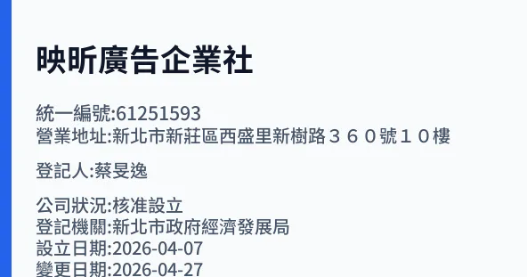 映昕廣告企業社的照片-統編 61251593(新北市) 公司登記資料與營業項目詳細圖表