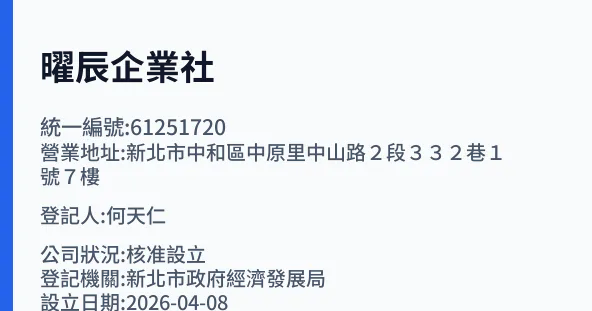 曜辰企業社的照片-統編 61251720(新北市) 公司登記資料與營業項目詳細圖表