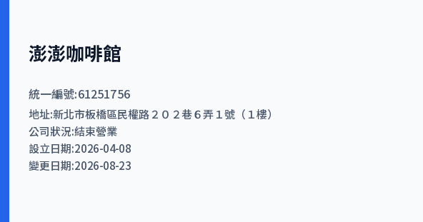 澎澎咖啡館的照片-統編 61251756 公司登記資料與營業項目詳細圖表