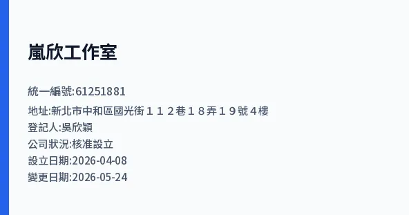 嵐欣工作室的照片-統編 61251881(新北市) 公司登記資料與營業項目詳細圖表