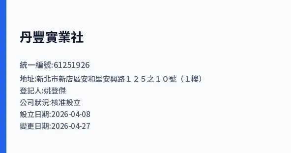 丹豐實業社的照片-統編 61251926(新北市) 公司登記資料與營業項目詳細圖表
