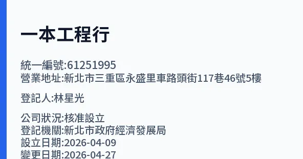 一本工程行的照片-統編 61251995(新北市) 公司登記資料與營業項目詳細圖表