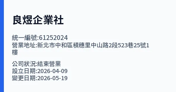 良煜企業社的照片-統編 61252024(新北市) 公司登記資料與營業項目詳細圖表