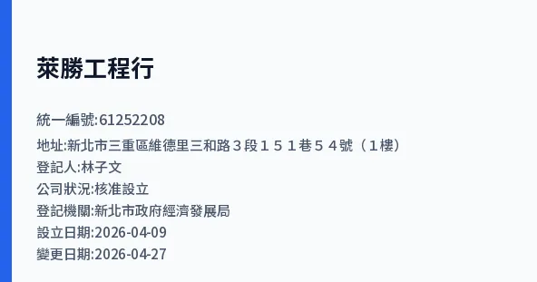 萊勝工程行的照片-統編 61252208(新北市) 公司登記資料與營業項目詳細圖表