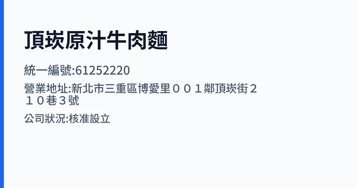 頂崁原汁牛肉麵 - 統編 61252220(新北市) 公司登記資料與營業項目詳細圖表