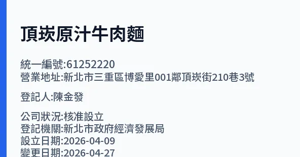 頂崁原汁牛肉麵的照片-統編 61252220(新北市) 公司登記資料與營業項目詳細圖表