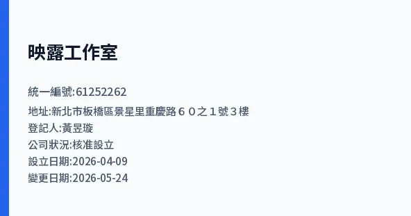 映露工作室的照片-統編 61252262(新北市) 公司登記資料與營業項目詳細圖表