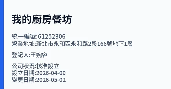 我的廚房餐坊的照片-統編 61252306(新北市) 公司登記資料與營業項目詳細圖表
