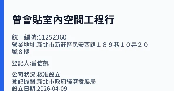 曾會貼室內空間工程行的照片-統編 61252360(新北市) 公司登記資料與營業項目詳細圖表