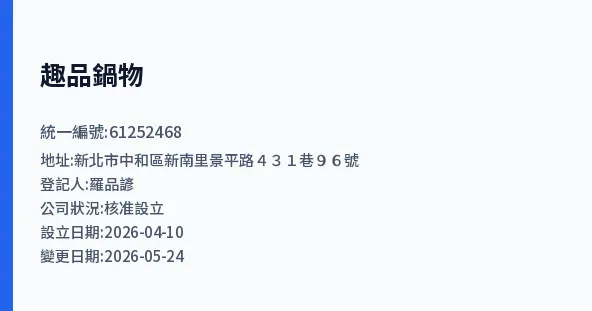趣品鍋物的照片-統編 61252468(新北市) 公司登記資料與營業項目詳細圖表