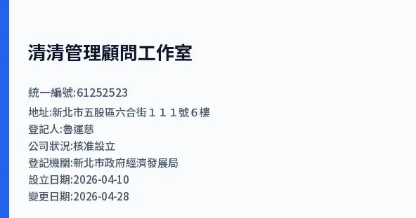清清管理顧問工作室的照片-統編 61252523(新北市) 公司登記資料與營業項目詳細圖表