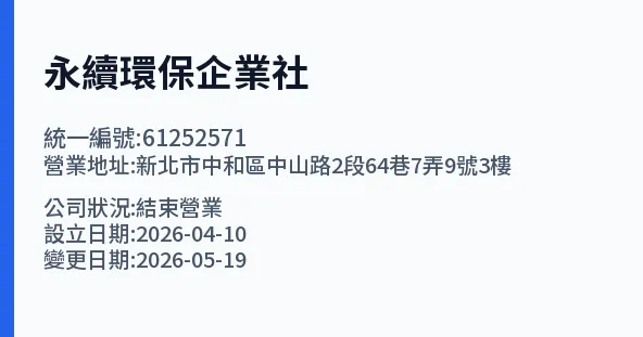 永續環保企業社的照片-統編 61252571(新北市) 公司登記資料與營業項目詳細圖表