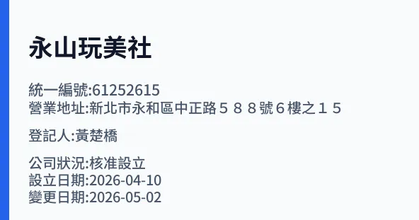 永山玩美社的照片-統編 61252615(新北市) 公司登記資料與營業項目詳細圖表