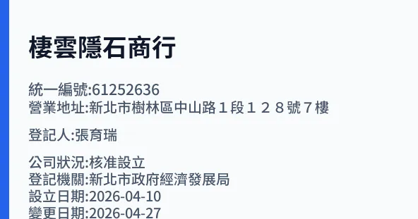 棲雲隱石商行的照片-統編 61252636(新北市) 公司登記資料與營業項目詳細圖表