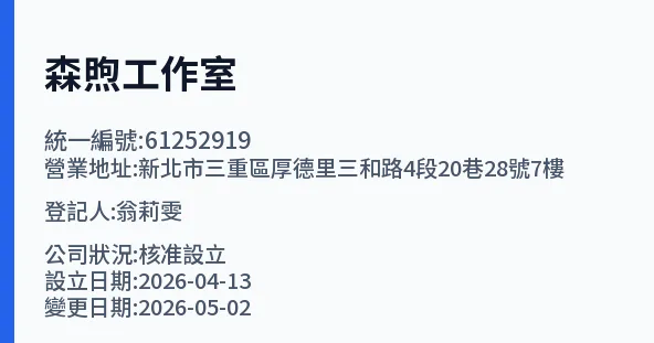 森煦工作室的照片-統編 61252919(新北市) 公司登記資料與營業項目詳細圖表