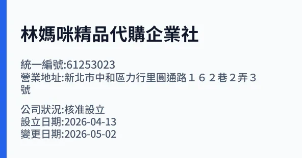林媽咪精品代購企業社的照片-統編 61253023(新北市) 公司登記資料與營業項目詳細圖表