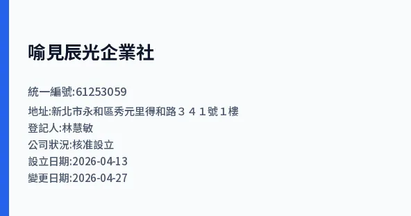 喻見辰光企業社的照片-統編 61253059(新北市) 公司登記資料與營業項目詳細圖表